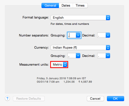 Change the Unit Of Measurement in Mac OS X