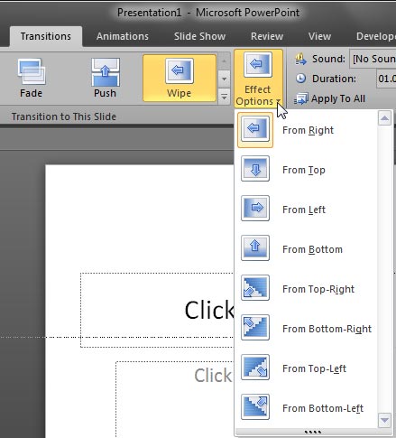 Slide Transition Effect Options in PowerPoint 2010 for Windows