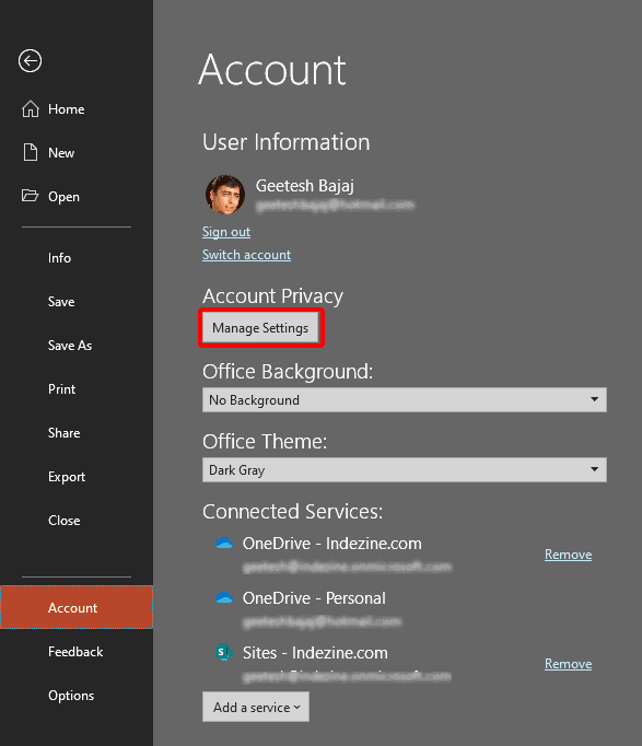 Connected Services in PowerPoint 365 for Windows