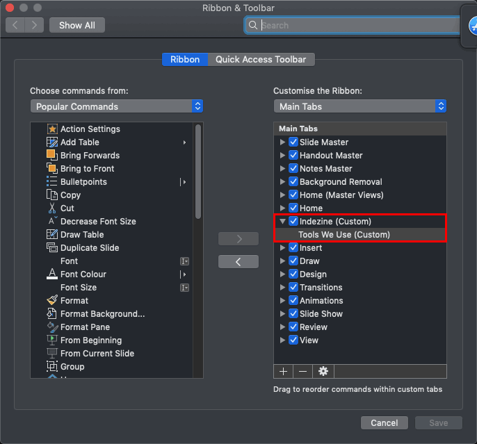 Adding Commands to Custom Groups in PowerPoint 365 for Mac