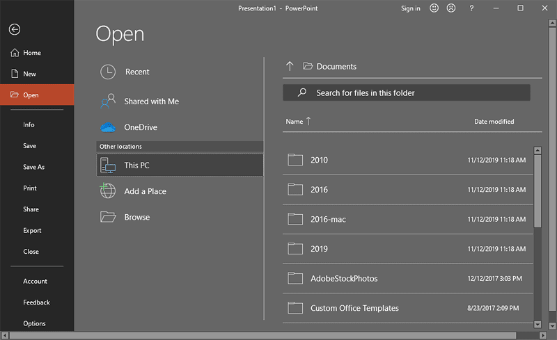 Open and Close Tabs of Backstage View in PowerPoint 365 for Windows