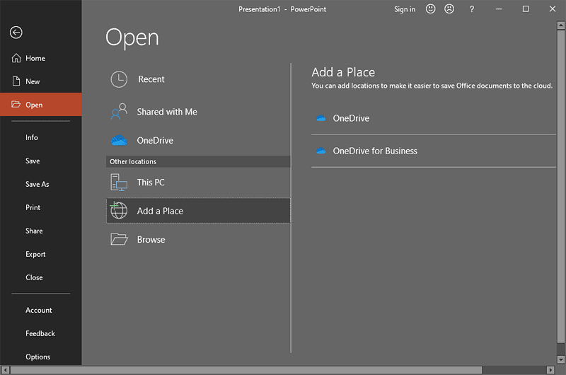 Open and Close Tabs of Backstage View in PowerPoint 365 for Windows
