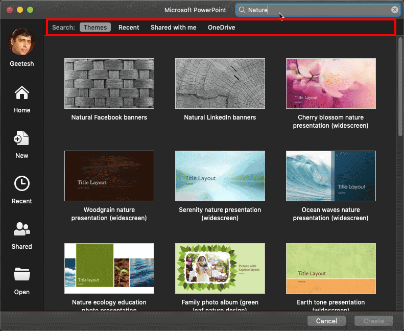 New Tab of Backstage View in PowerPoint 365 for Mac