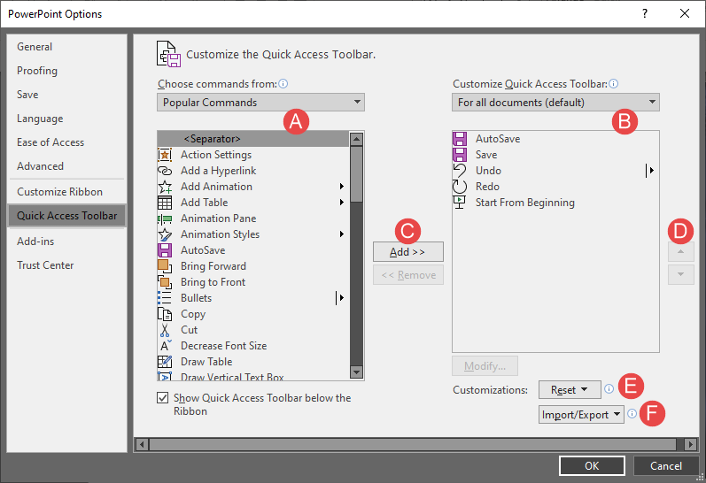 Customize Quick Access Toolbar in PowerPoint 365 for Windows