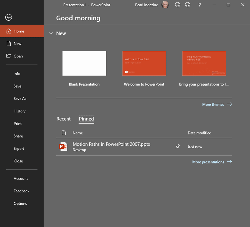 Home Tab of Backstage View in PowerPoint 2019 for Windows