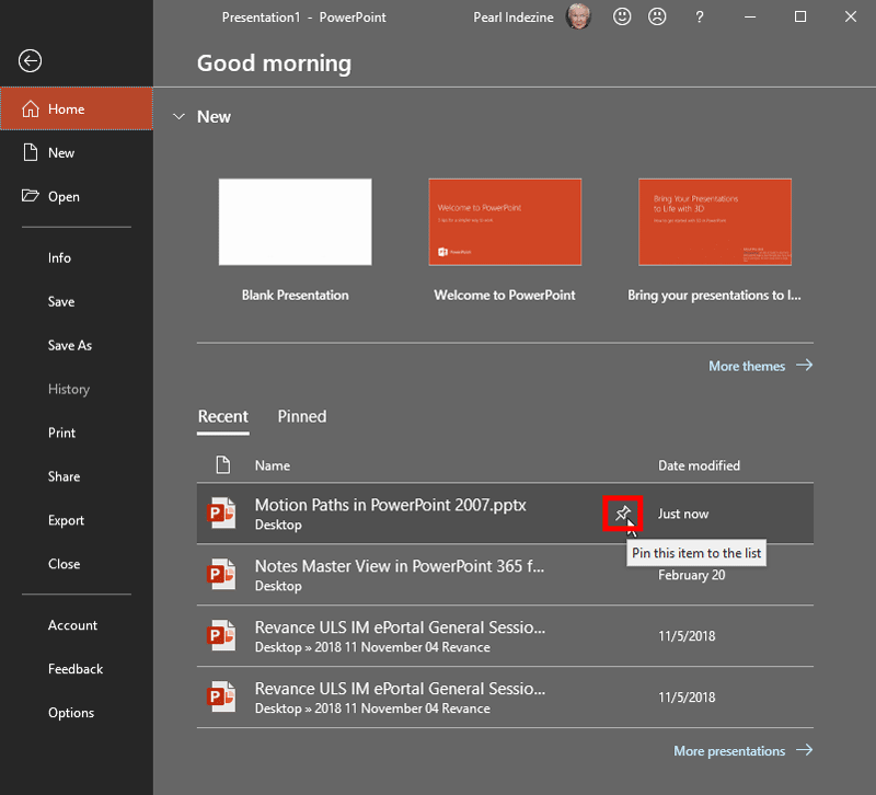 Home Tab of Backstage View in PowerPoint 2019 for Windows