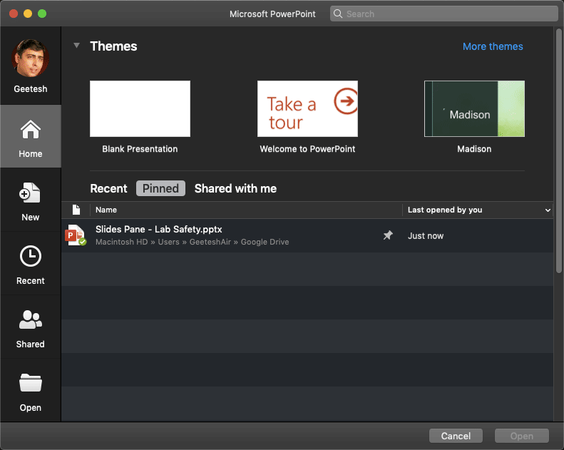 Home Tab of Backstage View in PowerPoint 365 for Mac