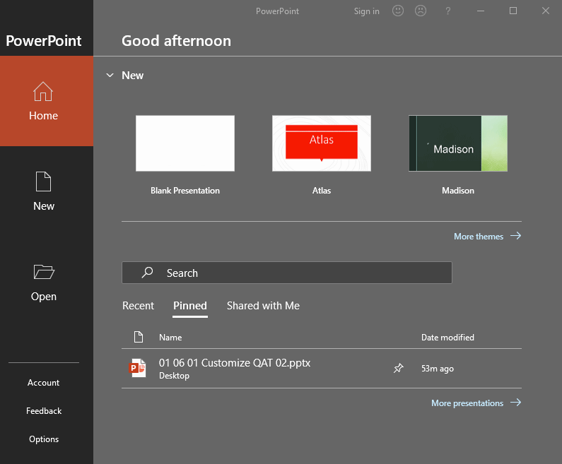 Home Tab of Backstage View in PowerPoint 365 for Windows