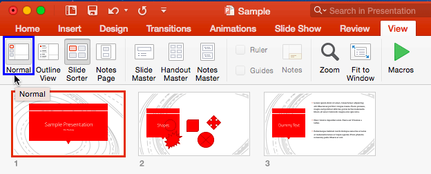 Normal View (Editing View) in PowerPoint 2016 for Mac