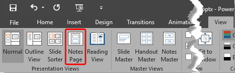 Notes Page View in PowerPoint 2016 for Windows