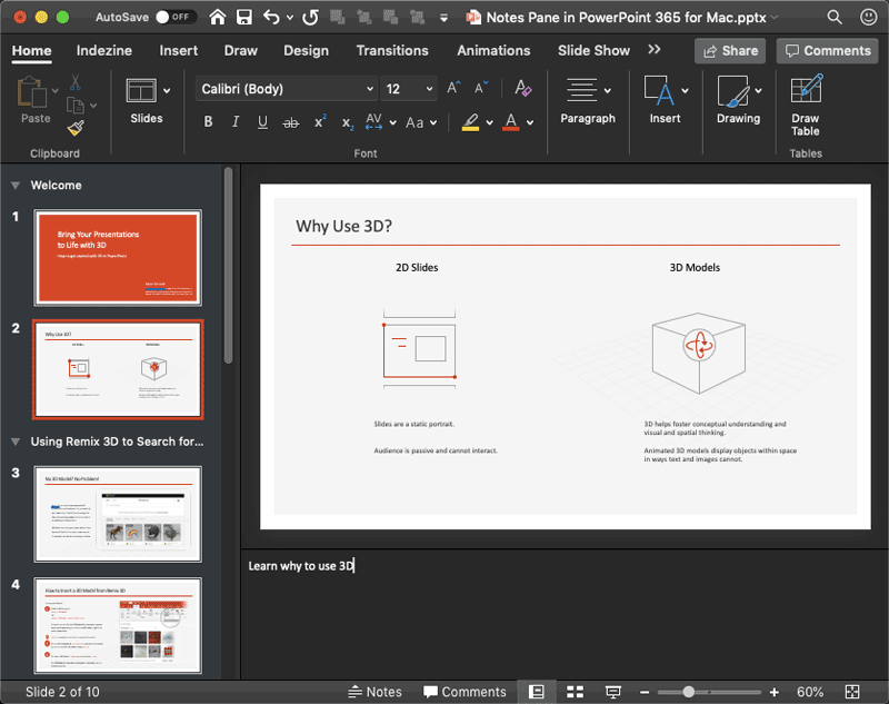Notes Pane in PowerPoint 365 for Mac