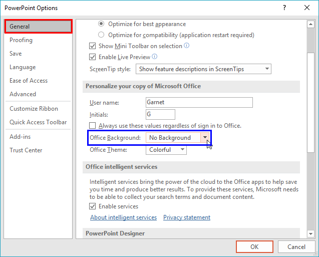 Office Background in PowerPoint 2016 for Windows