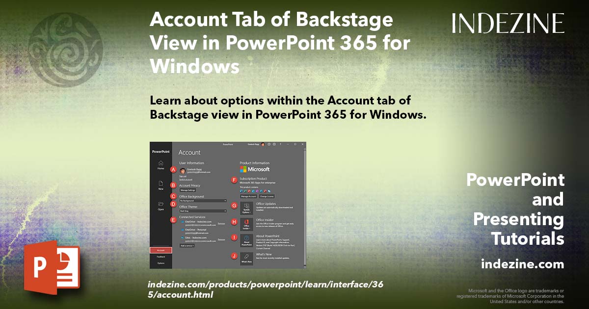 Account Tab of Backstage View in PowerPoint 365 for Windows