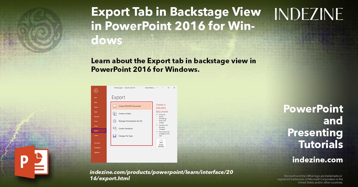 Export Tab in Backstage View in PowerPoint 2016 for Windows