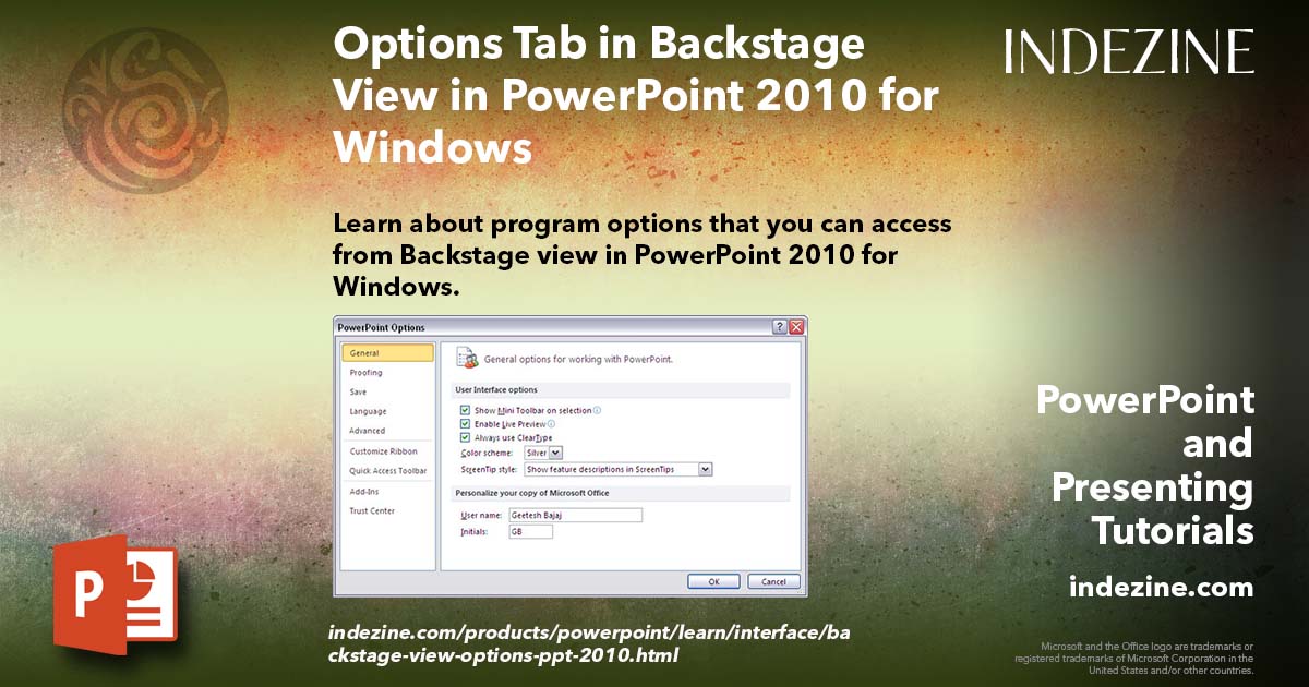 Options Tab in Backstage View in PowerPoint 2010 for Windows