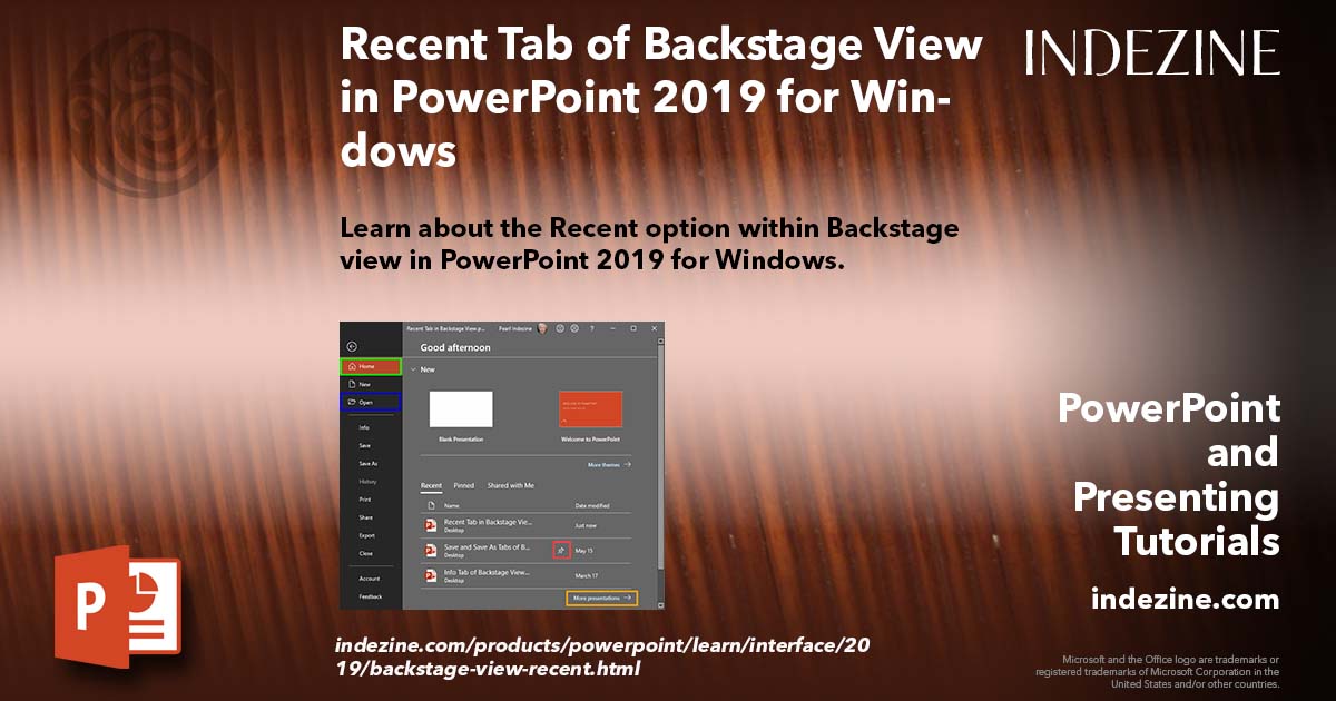 Recent Tab of Backstage View in PowerPoint 2019 for Windows