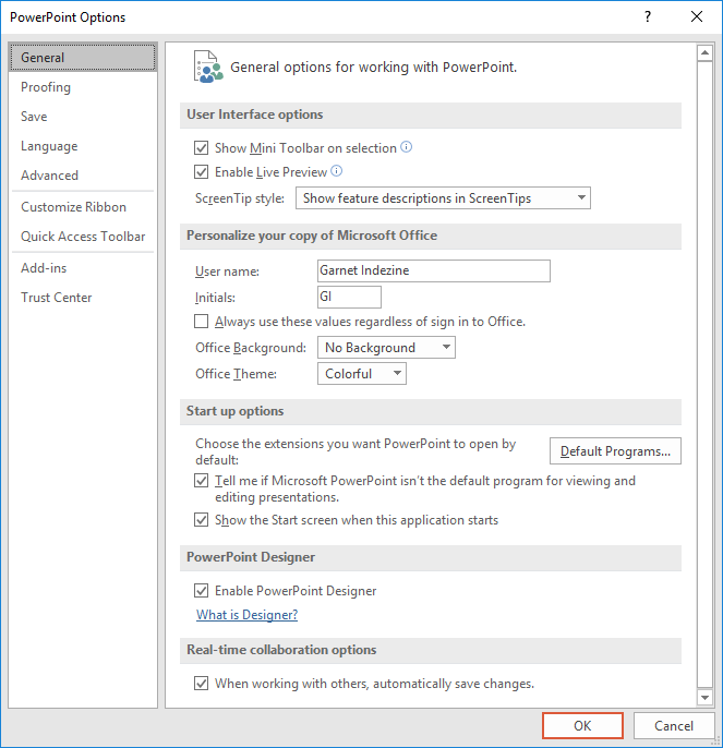 Options Tab in Backstage View in PowerPoint 2016 for Windows