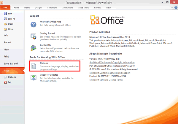 Options Tab in Backstage View in PowerPoint 2010 for Windows