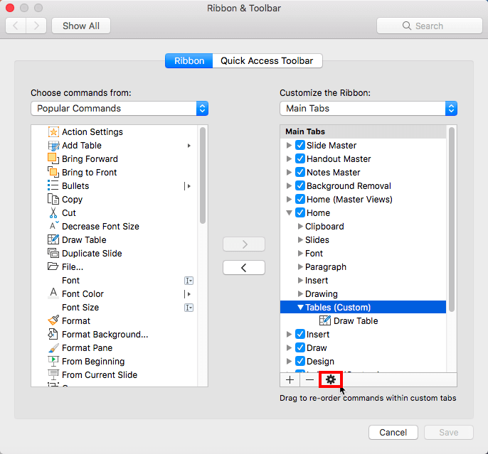 Reset, Export, and Import Ribbon Customizations in PowerPoint 2016 for Mac