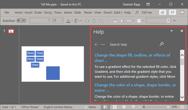 Tell Me in PowerPoint 2016 for Windows