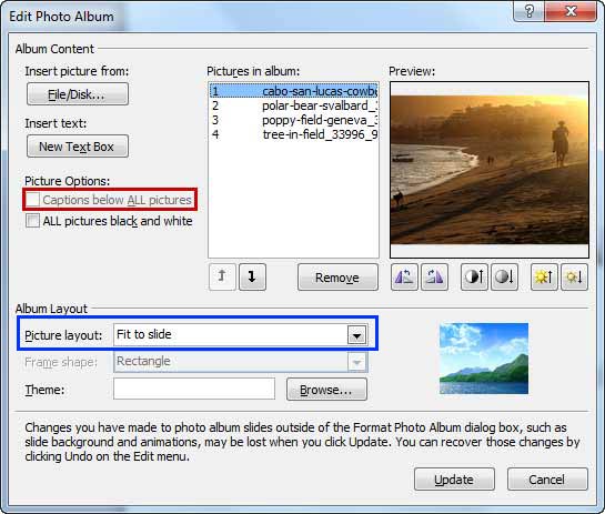 Using Captions in Photo Album Presentations in PowerPoint 2010 for Windows