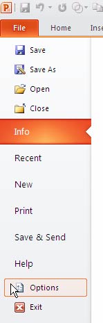 Options Tab in Backstage View in PowerPoint 2010 for Windows