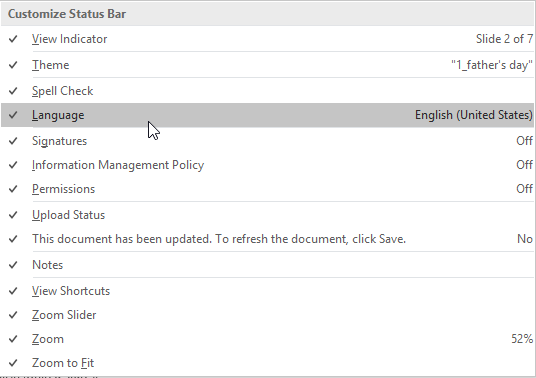 Language Options on the Status Bar in PowerPoint 2016 for Windows
