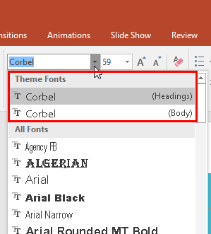 Theme Fonts in PowerPoint 2016 for Windows