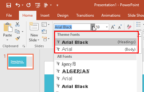 Theme Fonts in PowerPoint 2016 for Windows